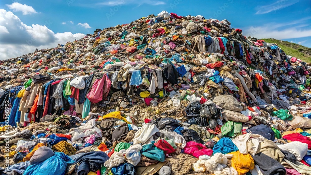 Mountain of garbage and discarded clothes due to overconsumption, waste ...