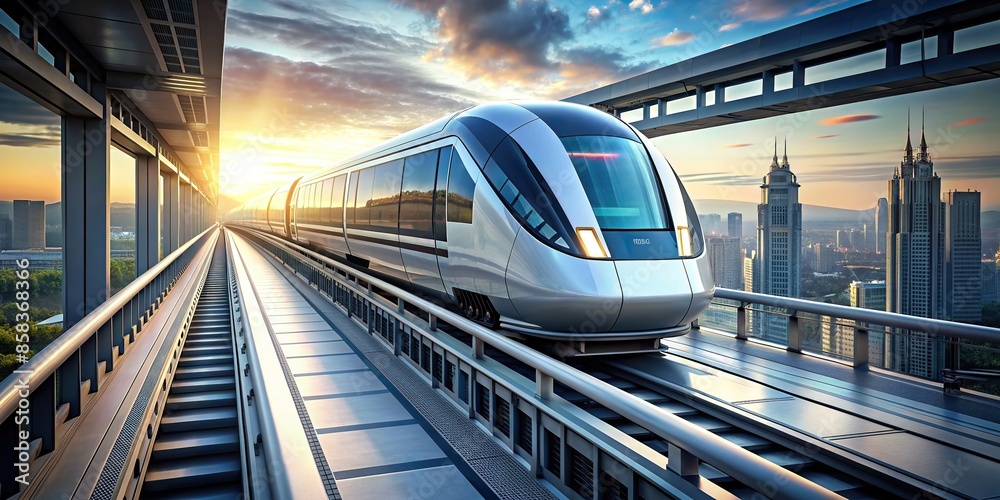 Futuristic sci-fi capsule train traveling on elevated track, futuristic ...