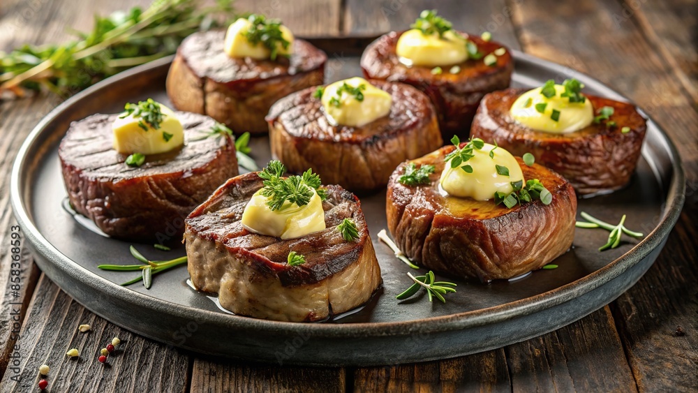 Filet mignon steaks topped with butter on a serving plate, filet mignon ...