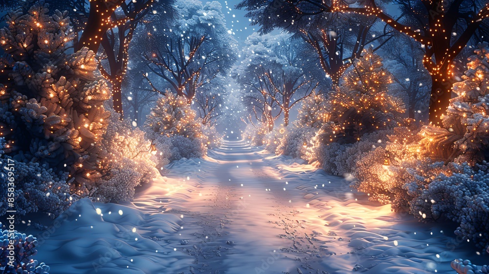 Snowcovered paths with lights forming a border, blank central area ...