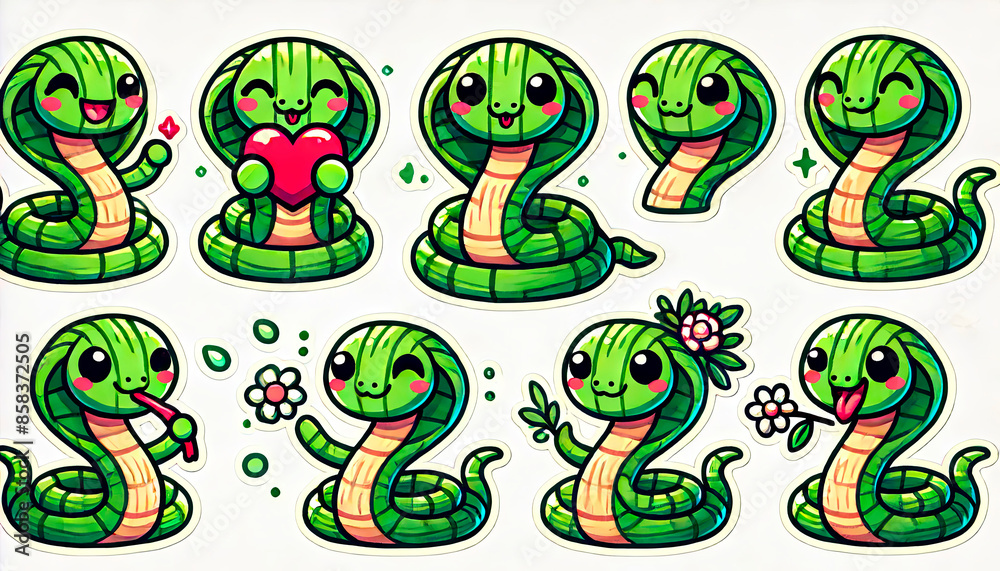 Cute cartoon snake stickers with various expressions and poses, perfect ...
