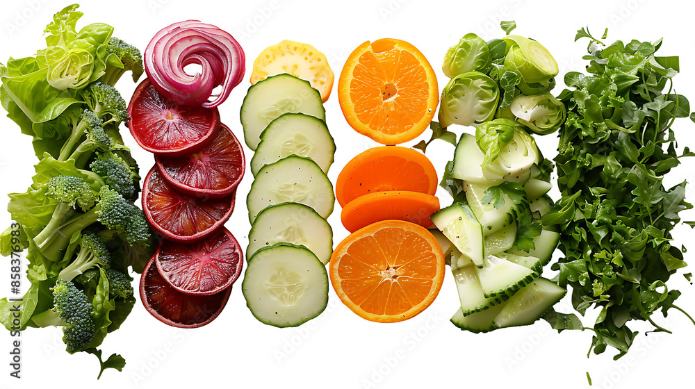 Different types of cut vegetables in a line on a transparent background ...