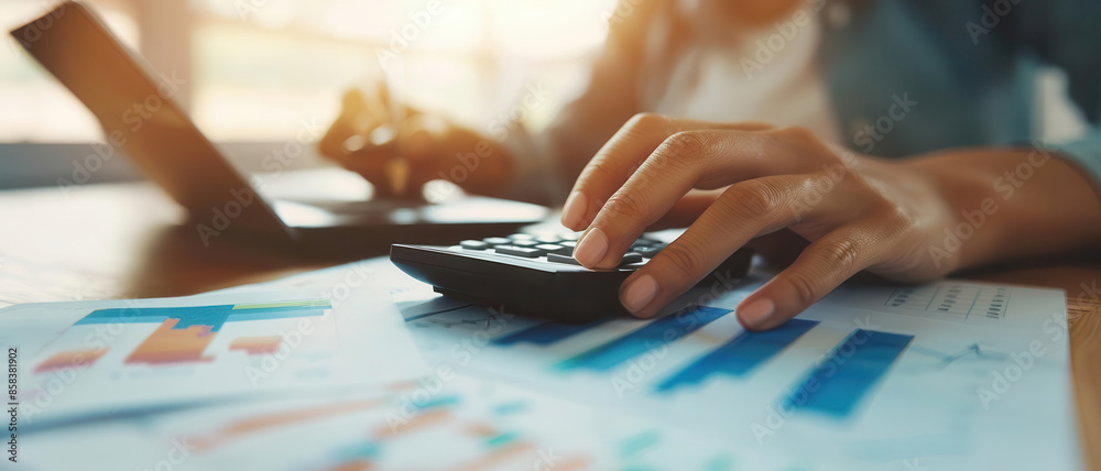 Accountant working with spreadsheets and calculator at an office desk ...