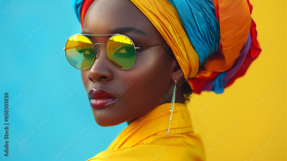 Portrait of a fashionable African woman wearing a vibrant headwrap and ...