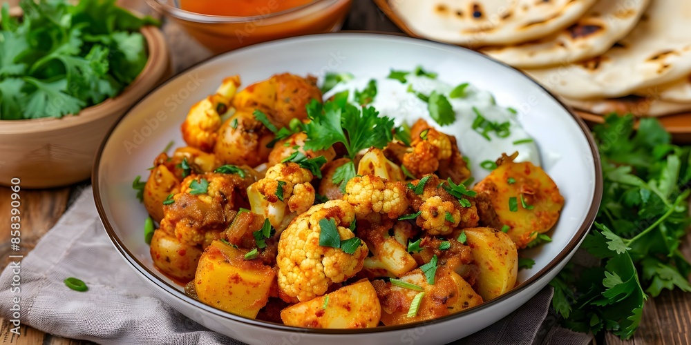 Overhead shot of aloo gobi with spiced potatoes cauliflower and roti ...