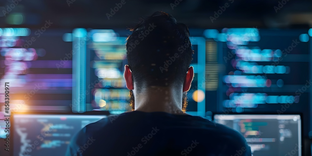 Man developing software through hard work and coding focusing on ...