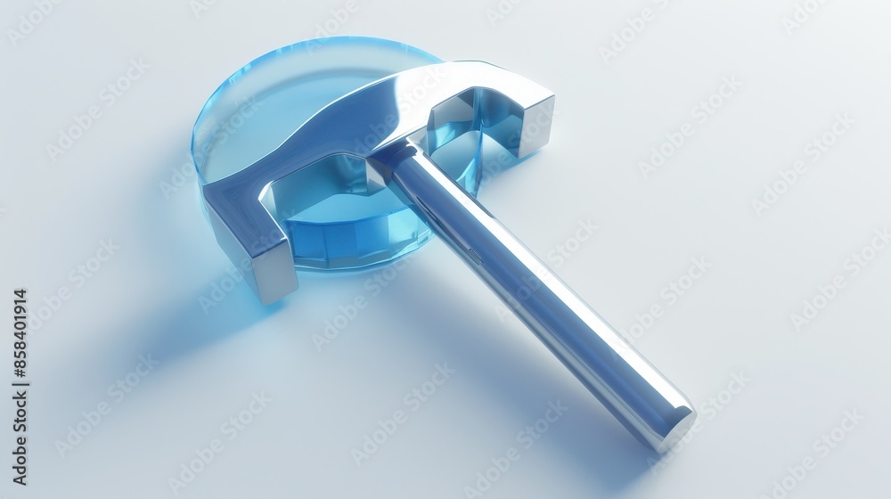 Stylized, futuristic hammer with a transparent blue head and a metallic ...