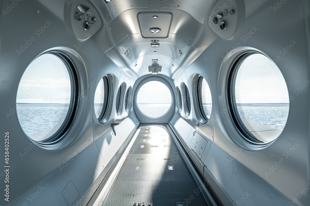 View from inside an airplane cabin, rows of seats and overhead ...