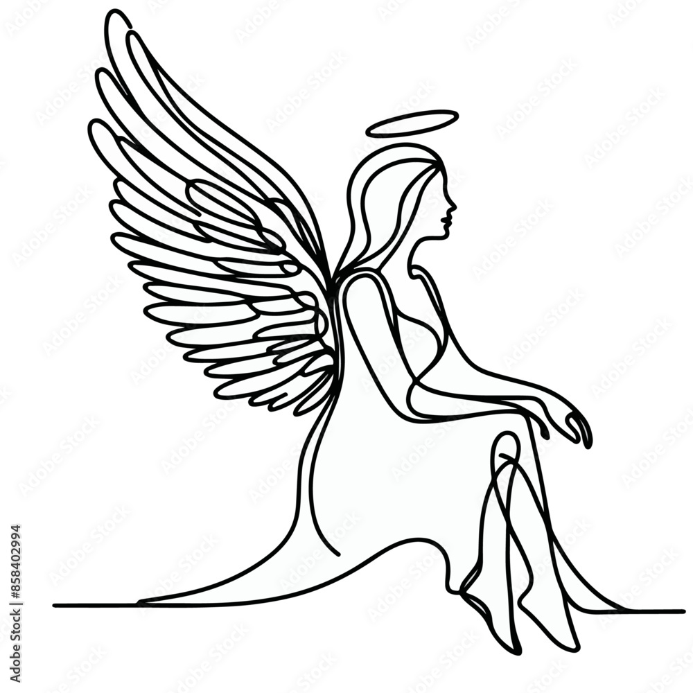 line art drawing of woman angel with wings, line art of an ange Stock ...