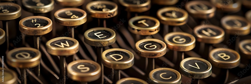 Vintage typewriter keys in focus, accompanied by a parchment scroll ...