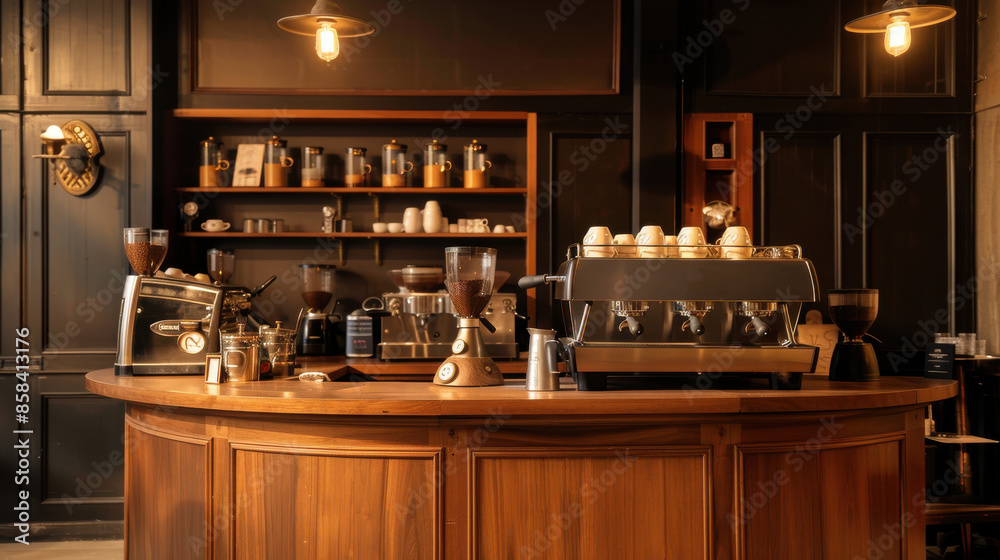 Cozy and stylish coffee shop interior with wooden counter, espresso ...