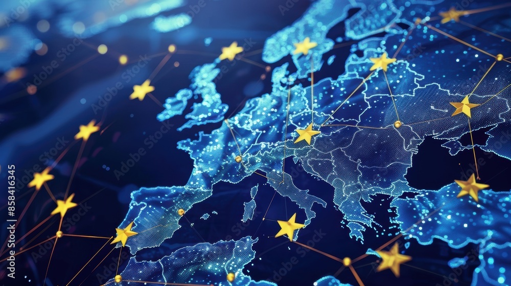 European digital network map with stars representing data centers and ...