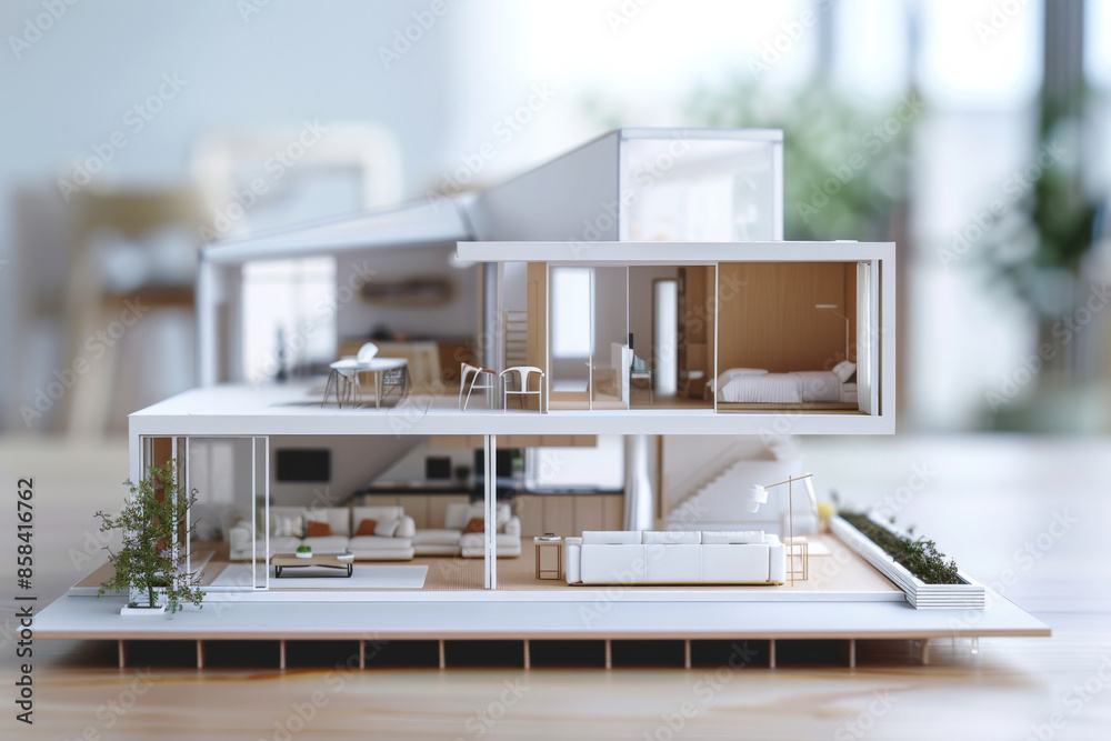 A detailed architectural model of a modern two-story house, showcasing ...