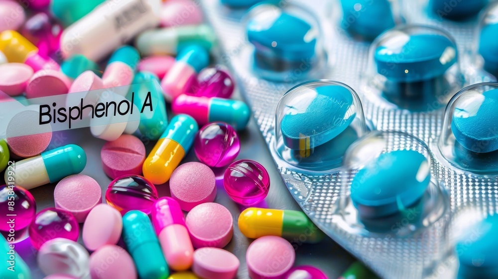 Bisphenol A symbol on medicine packaging, chemical compound health risk ...