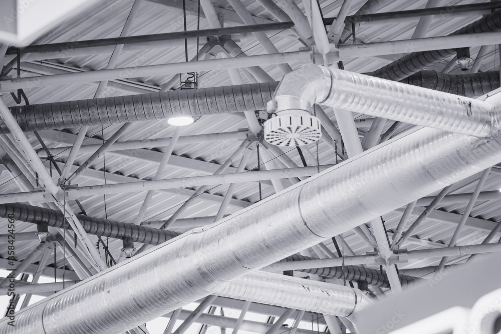 Ventilation system in shopping mall, pipes hvac duct tube hanging from ...