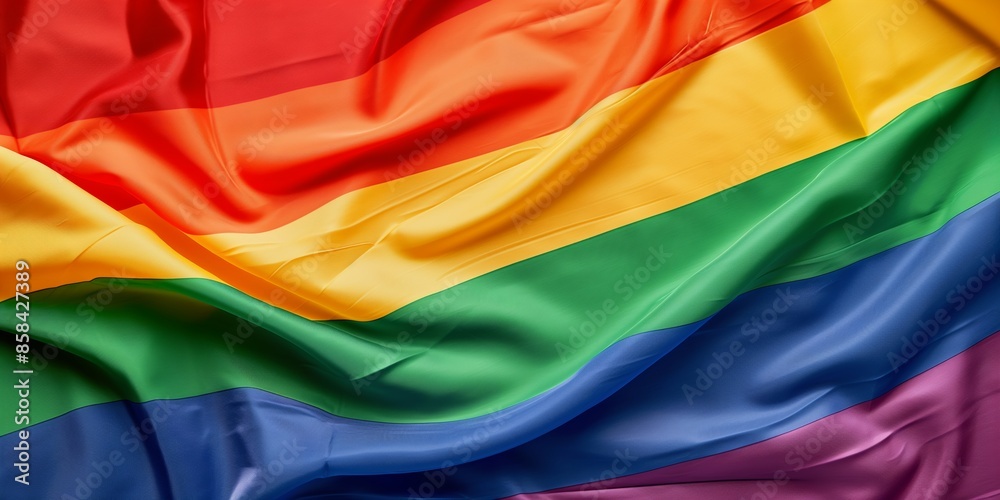 This image displays a vibrant LGBTQ pride flag with six distinct ...