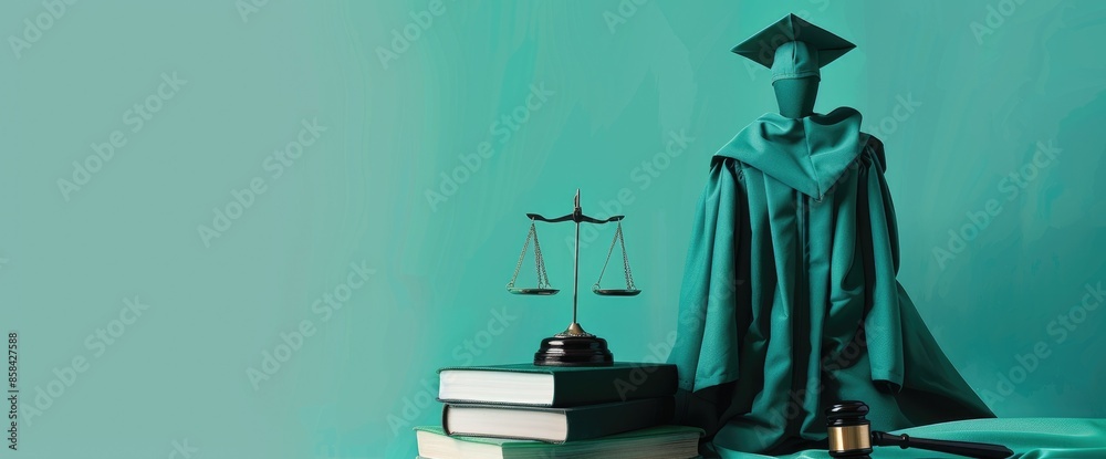 The photo shows a green graduation cap and gown with a black stole and ...