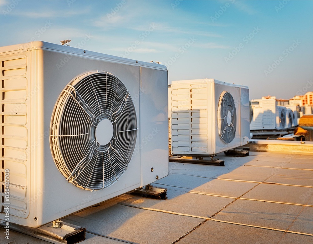 Square air-conditioning unit on the roof with a round fan. In the ...