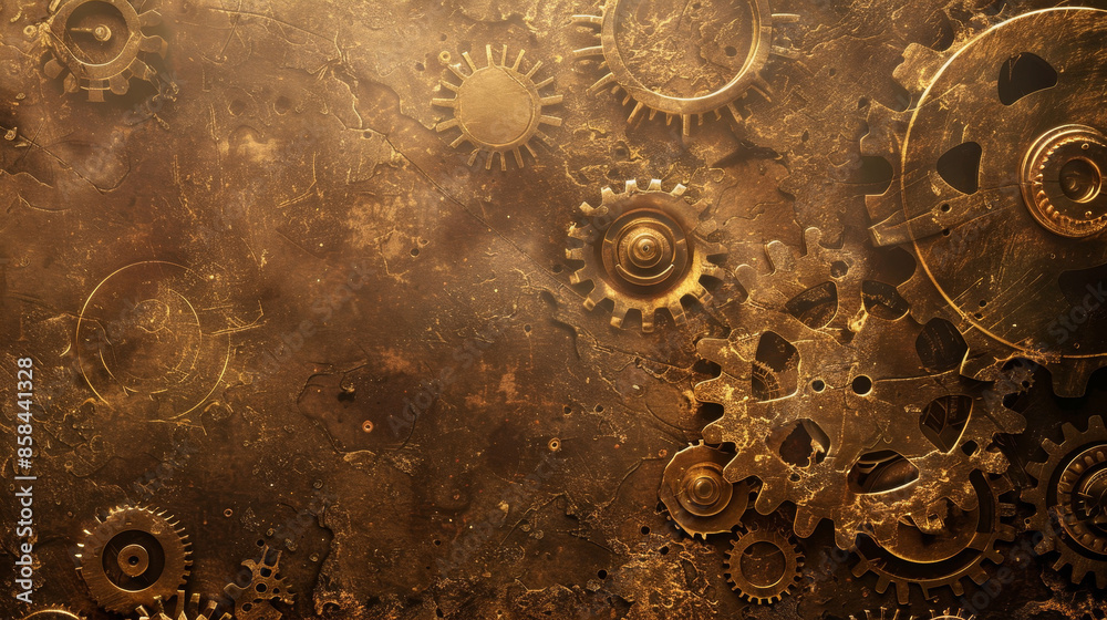 Steampunk background with gears and cogs on a grungy brown wall, with ...