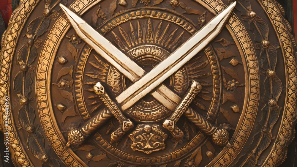 An Indian shield adorned with crossed talwar swords, symbolizing ...
