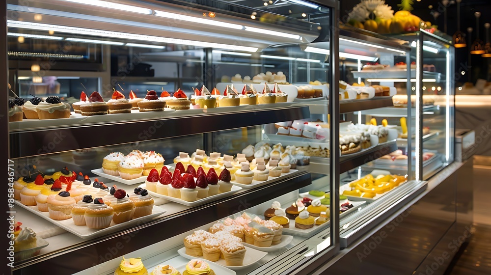 upscale pastry shop where each display case is lit with specialized ...