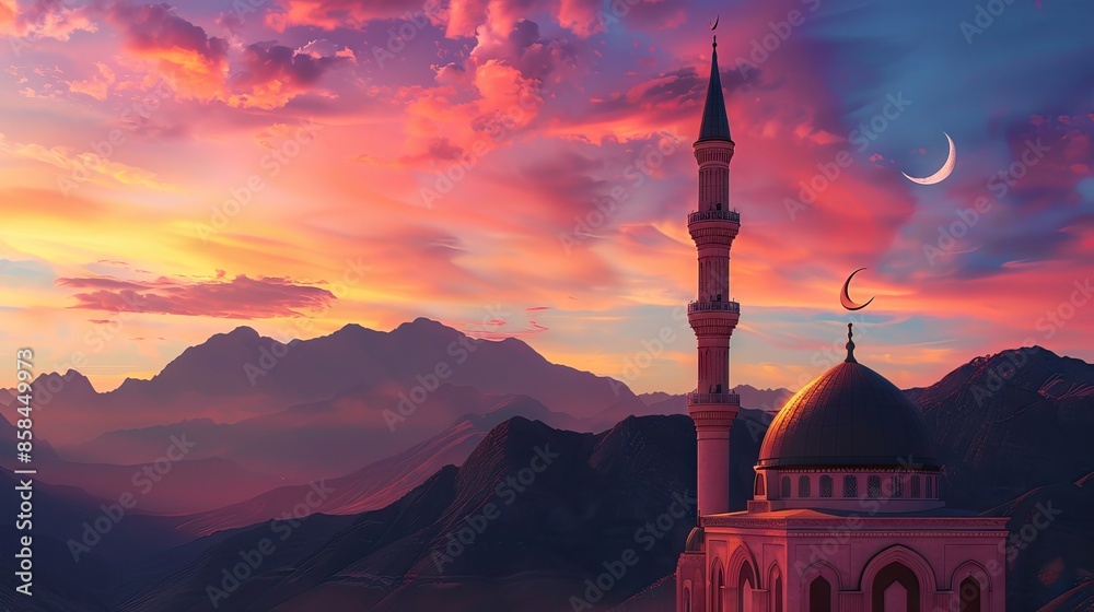 Islamic Background,Dome Mosques,Crescent Moon,Starry on Dark Blue Sky ...