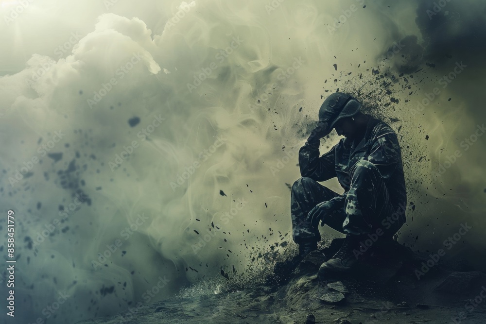 Soldier sits amidst smoke and debris, a poignant image of war's ...