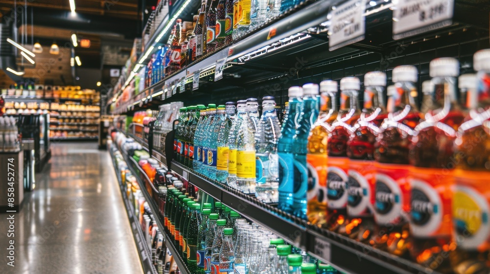 Sparkling water and beverages aisle in a modern supermarket Stock Photo ...