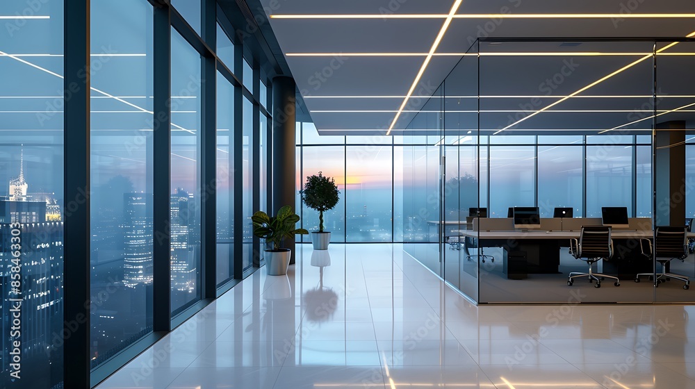 minimalist office space with floor-to-ceiling windows and a smart ...