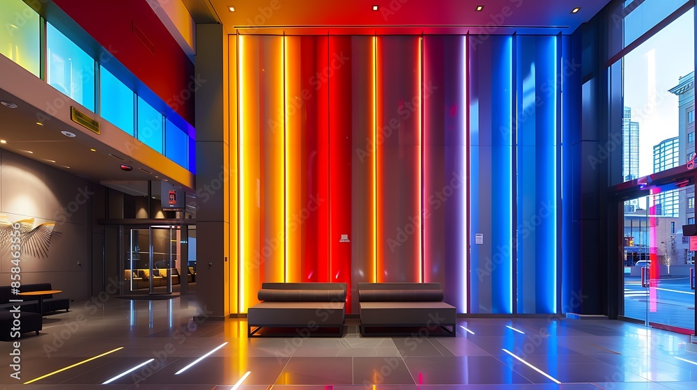 modern apartment building lobby with a dramatic lighting installation ...