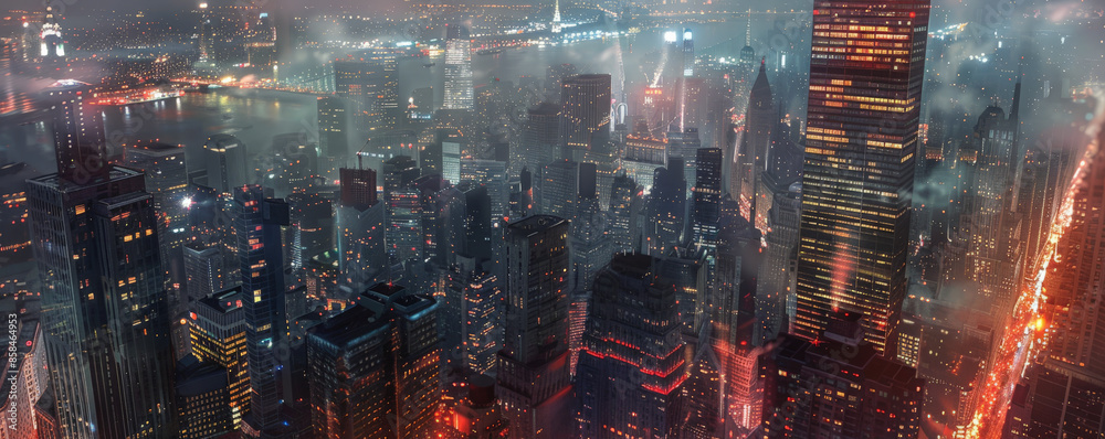A bustling city skyline at night background with twinkling lights, busy ...