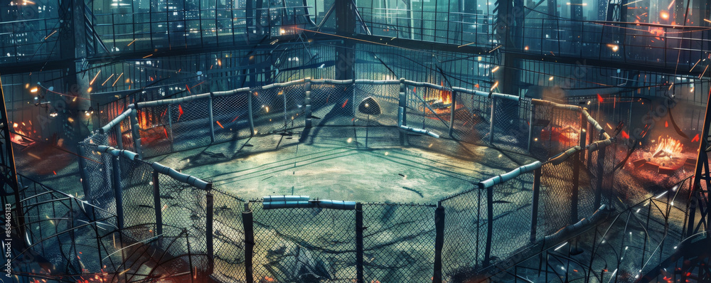 A bustling MMA cage background with padded floors, chain-link fencing ...