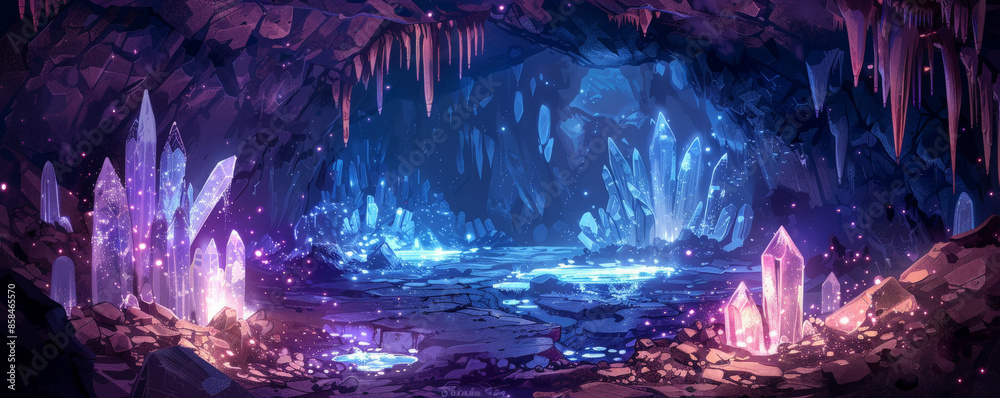 A mystical cave interior background with glowing crystals, underground ...
