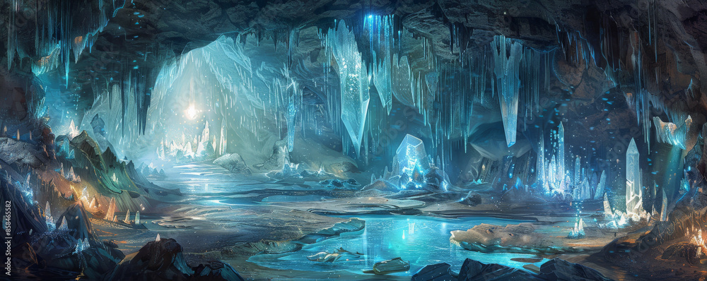A mystical cave interior background with glowing crystals, underground ...