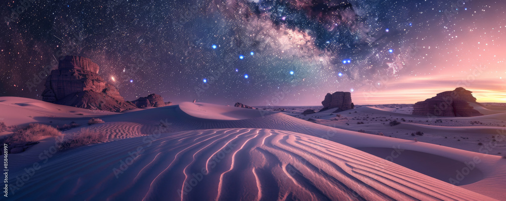 A serene desert night background with a star-filled sky, sand dunes ...