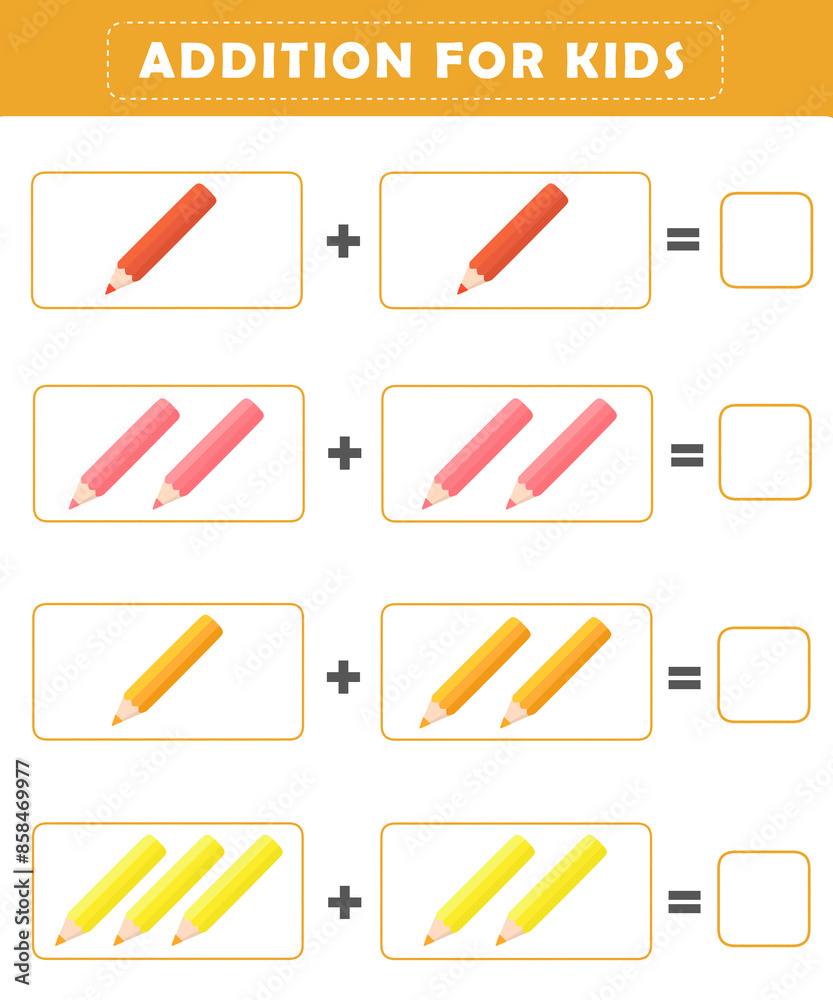 Preschool addition worksheet with cute colored pencil illustration ...