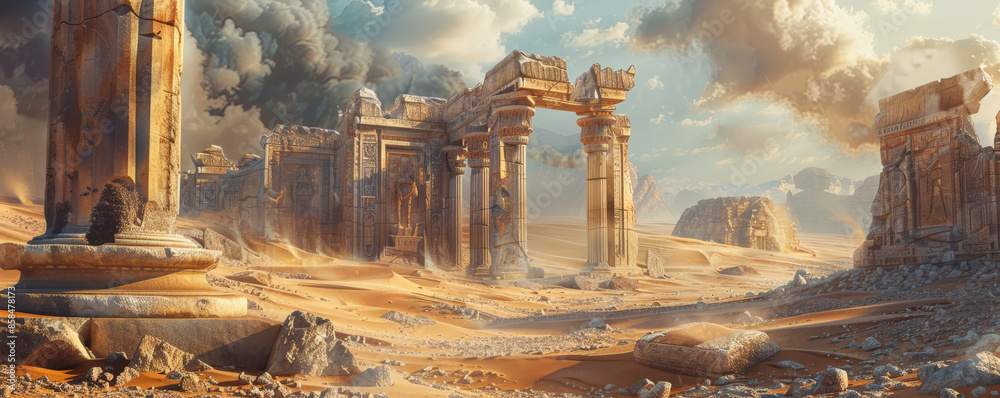 An ancient desert ruins background with crumbling stone structures ...