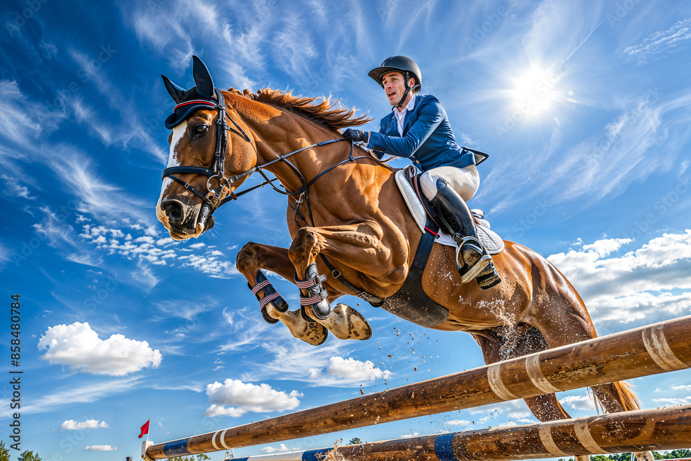 Brown horse jumping over fence rail obstacles, equestrian show jumping ...