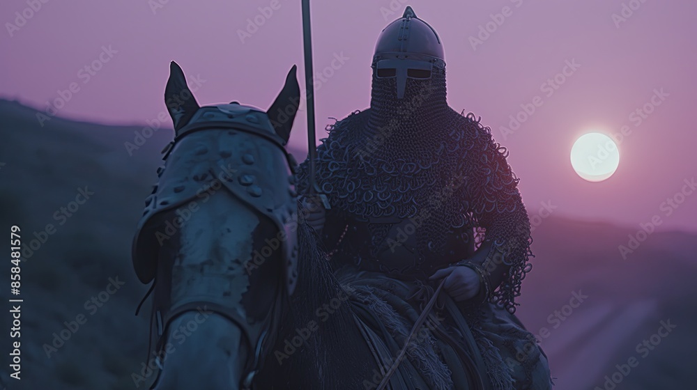One medieval knight in metal armor and helmet on horseback ...