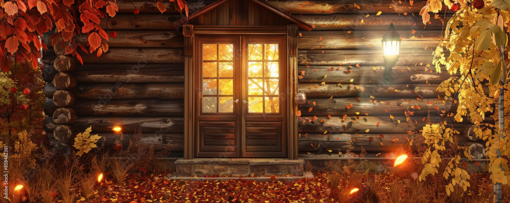 Cozy autumn cabin background with warm glowing windows, a textured ...