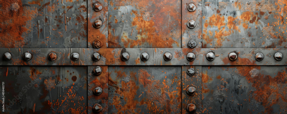 Industrial metal background with rusted textures, rivets, and worn ...