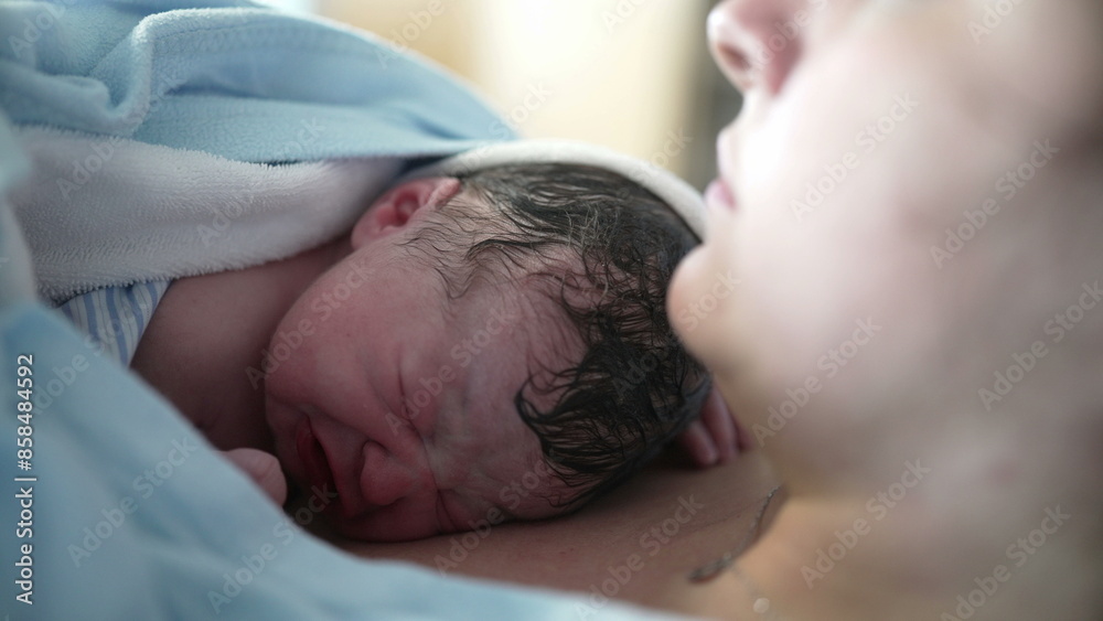 First minutes of a newborn baby coming to the world, first cries and ...