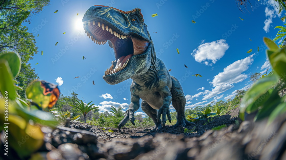 Tyrannosaurus Rex roars with its mouth wide open in lush, sunlit forest ...