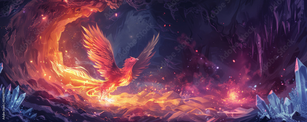 Phoenix bird background with a mystical cave setting, showcasing the ...