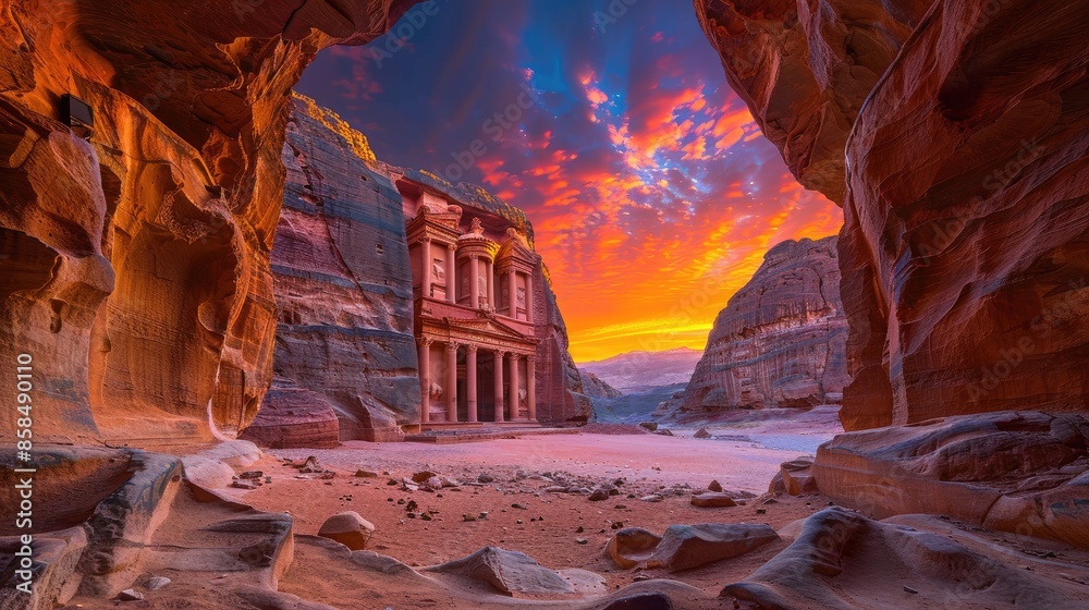 Stunning sunset view of Petra's ancient rock carved architecture ...