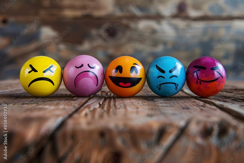 Five smiley faces ball smiling crying angry expression blur background ...