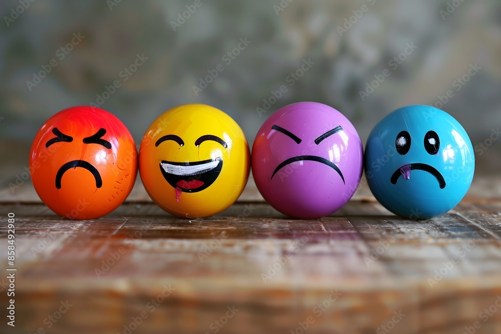 Five smiley faces ball smiling crying angry expression blur background ...