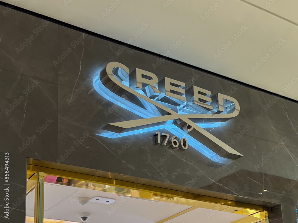 Houston, TX, USA - April 6, 2024: Close up of Creed logo sign at their ...