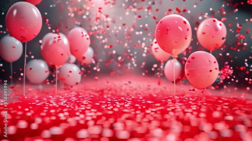 Pink balloons and confetti float over a red carpet, celebrating a grand ...