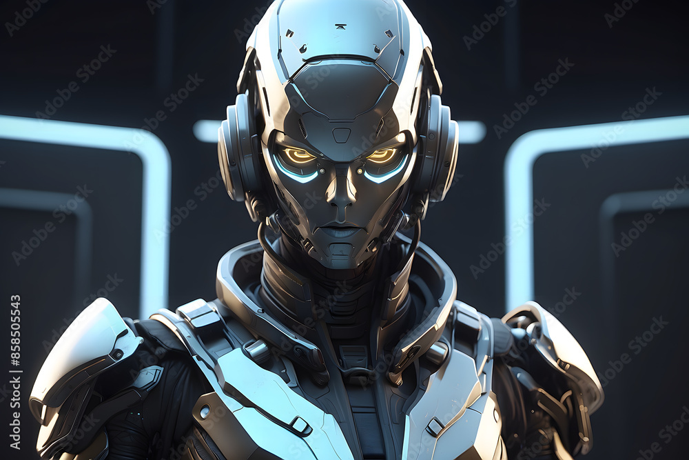 A humanoid made of sci-fi metal panels wearing techwear clothing, front ...